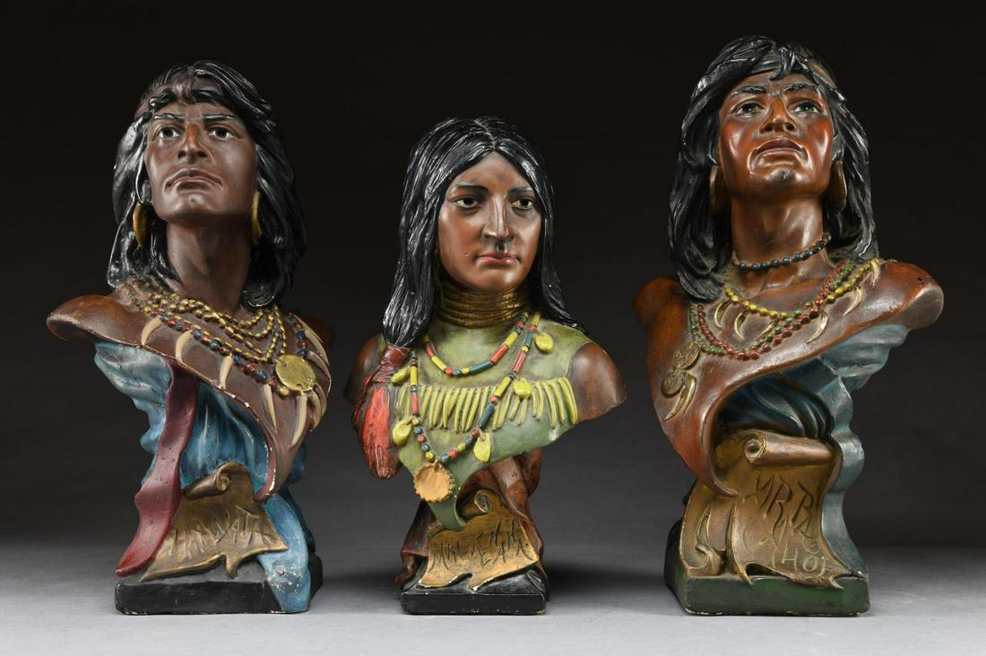 3 Polychrome Painted Chalkware Busts. Auction