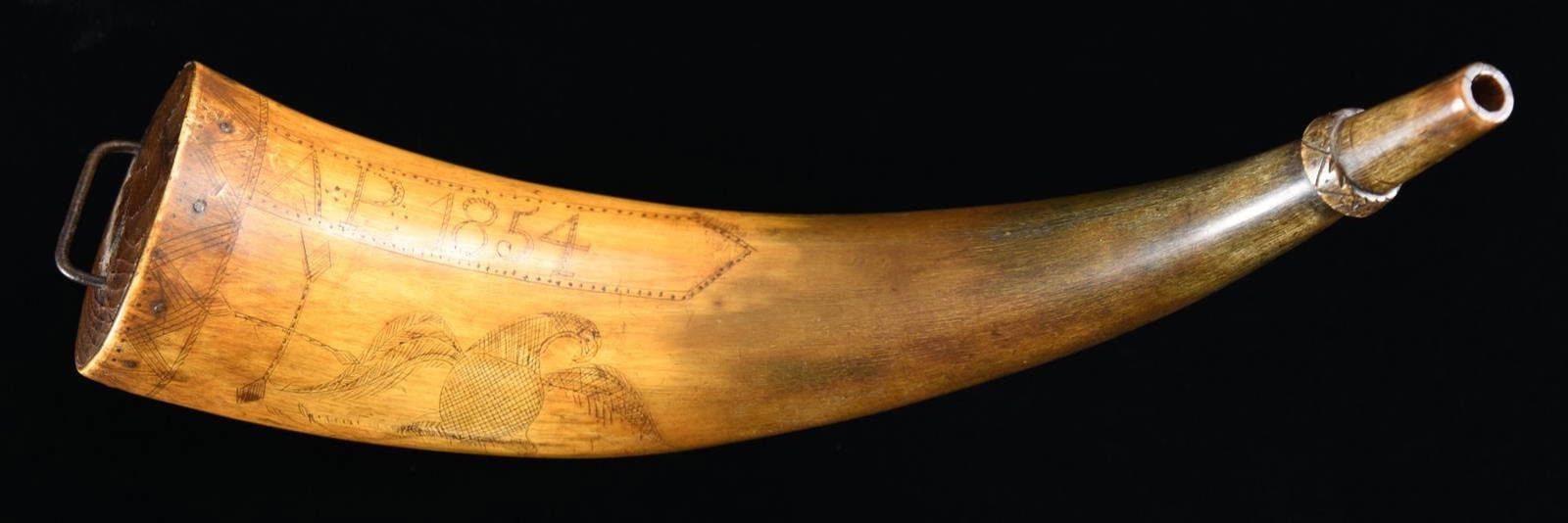 Mid-19th Century Carved American Powder Horn. Auction
