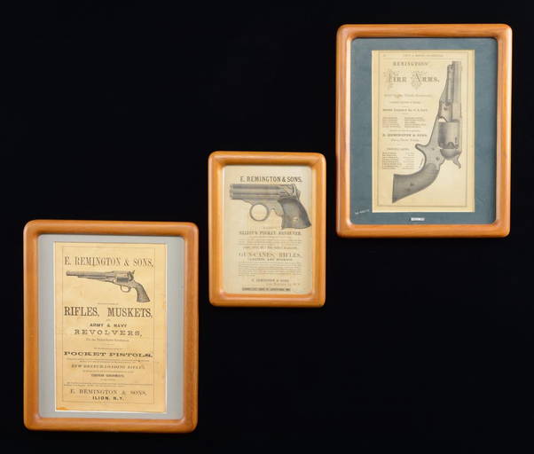 3 Framed Remington Illustrated Ads, Circa 1875.