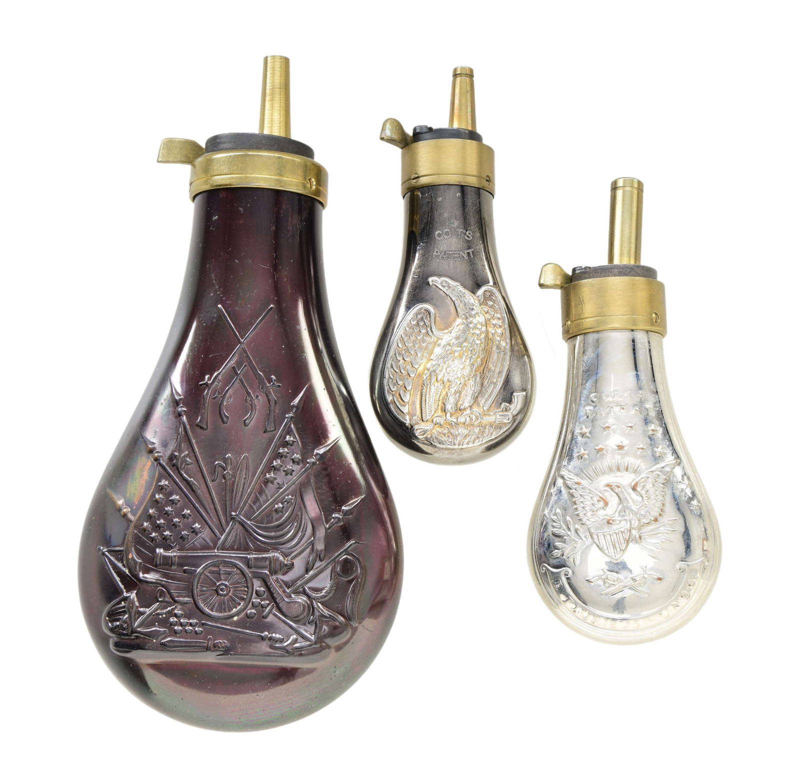3 Reproduction Powder Flasks. Auction