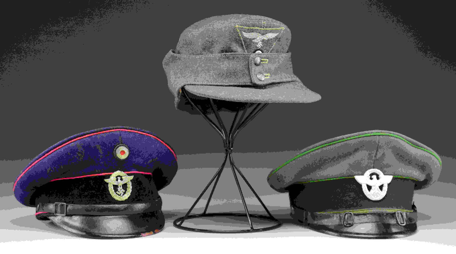 3 Wwii German Enlisted Grade Military Caps. Auction