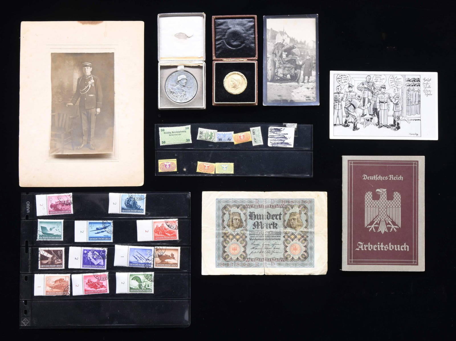 Wwii German Desk Medals, Stamps, Arbeitsbuch, & Auction