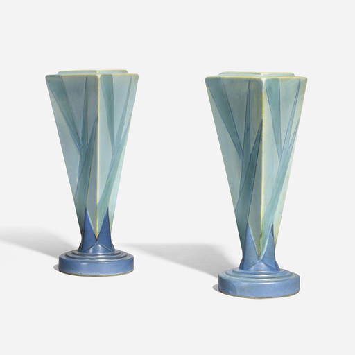 Roseville Pottery, Futura Big Blue Triangle Vases