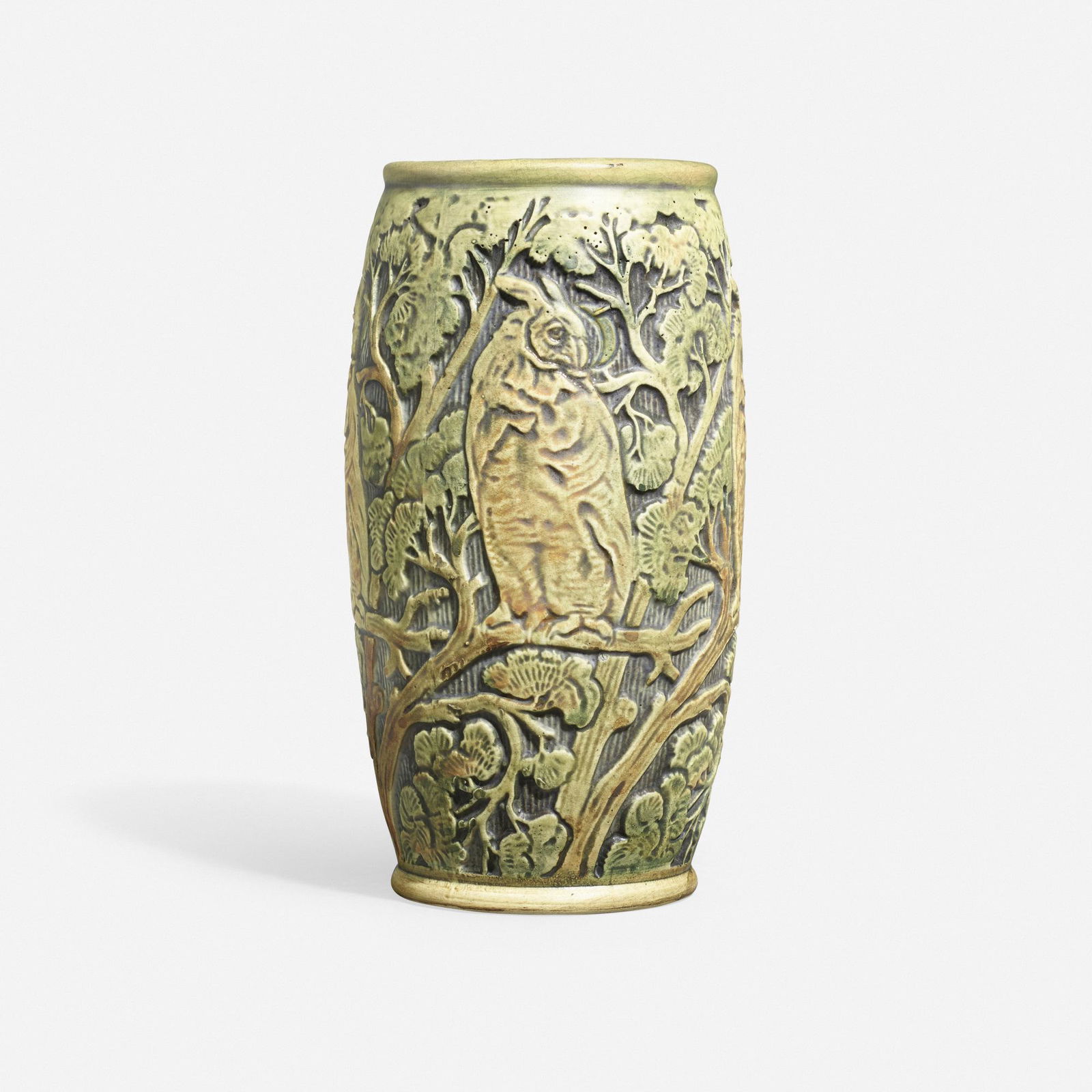 Weller Pottery, Rare Vase With Owls And Tree Auction