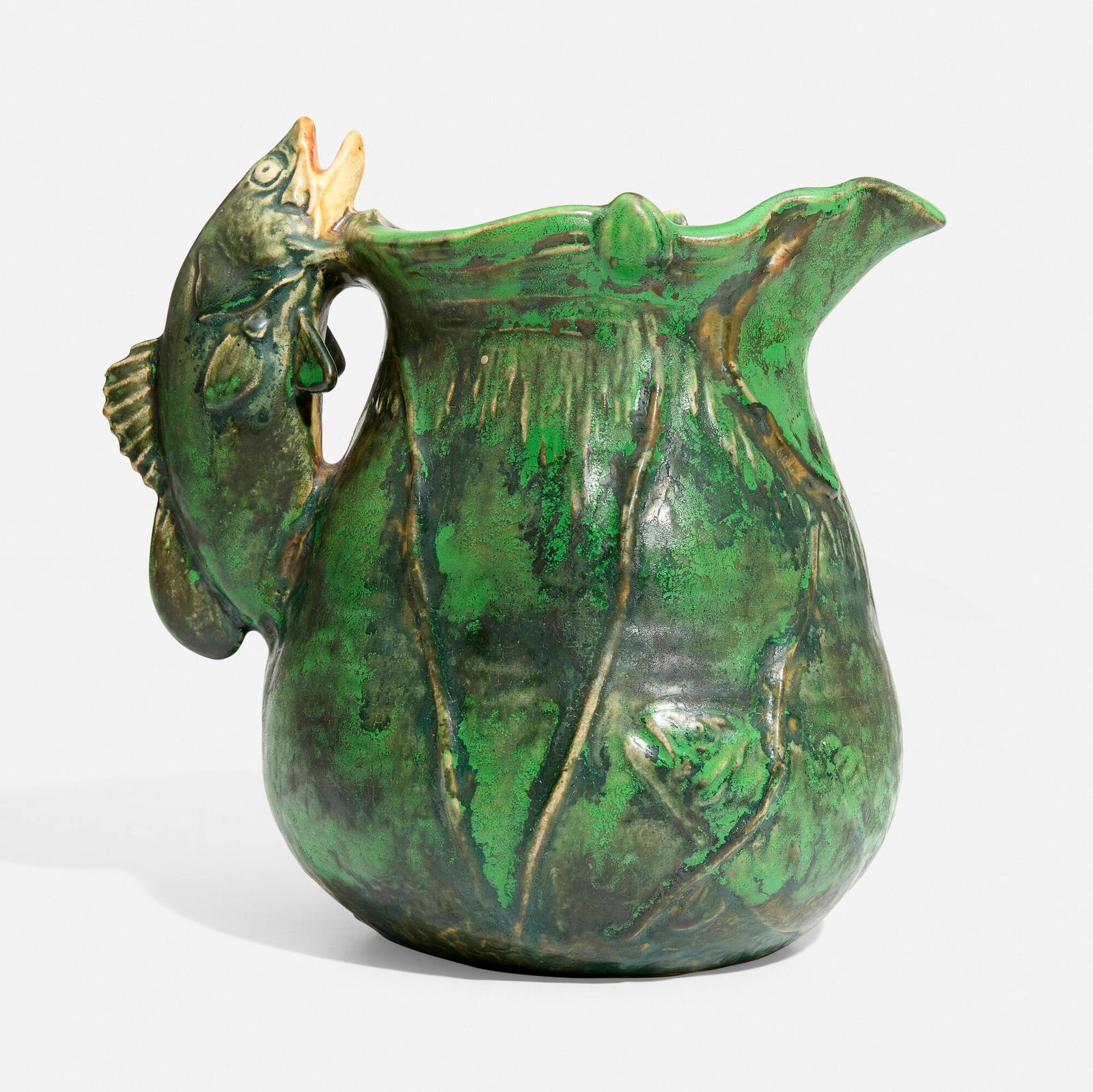 Weller Pottery, Coppertone Pitcher With Fish Auction