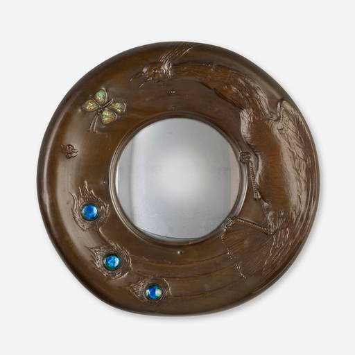 English Arts & Crafts, Repousse Wall Mirror With Peacock, Butterfly And Bee