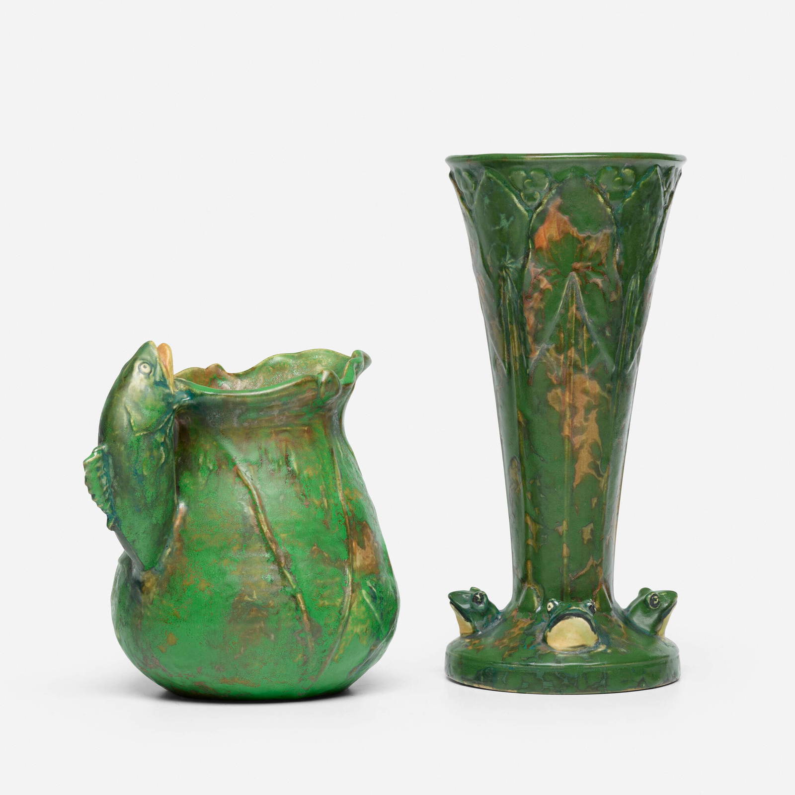 Weller Pottery, Coppertone Vase With Four Frogs And Fish Pitcher Auction