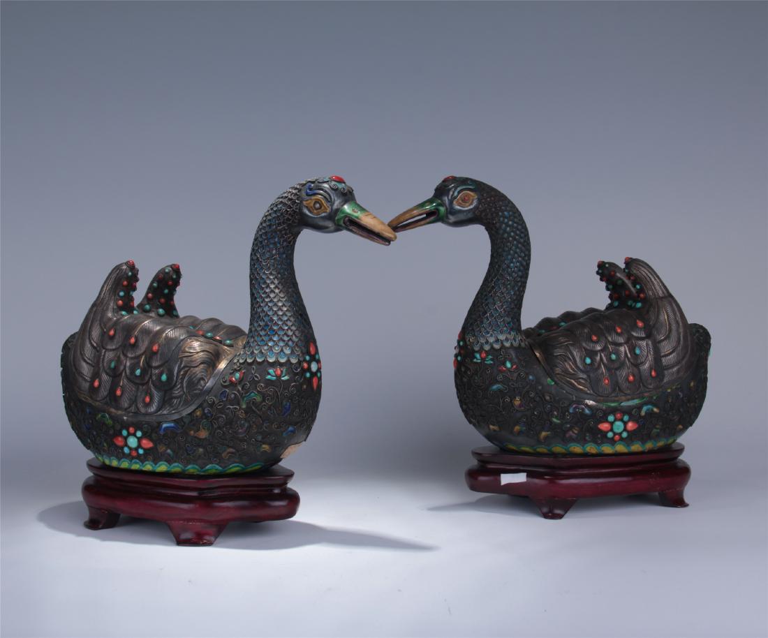 Pair Of Silver Enameled Gilt Bronze Mandarin Ducks