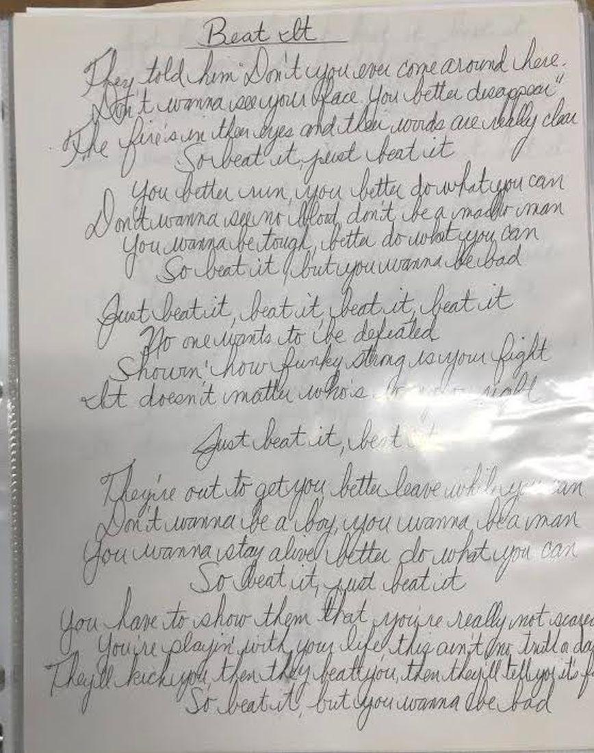 Michael Jackson Signed and Handwritten Beat It Lyrics