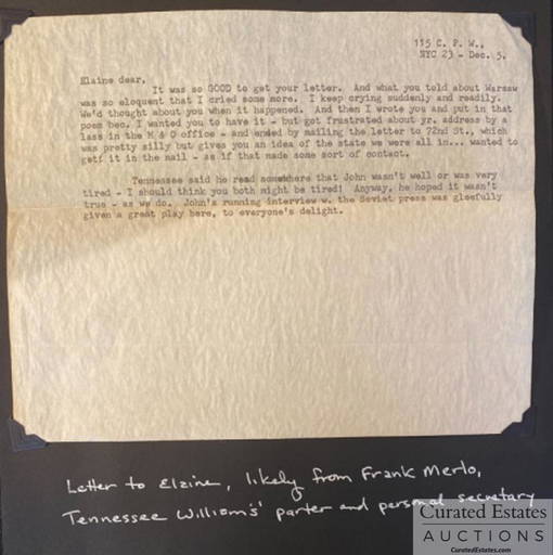 Letter To Elaine Attributed To Frank Merlo