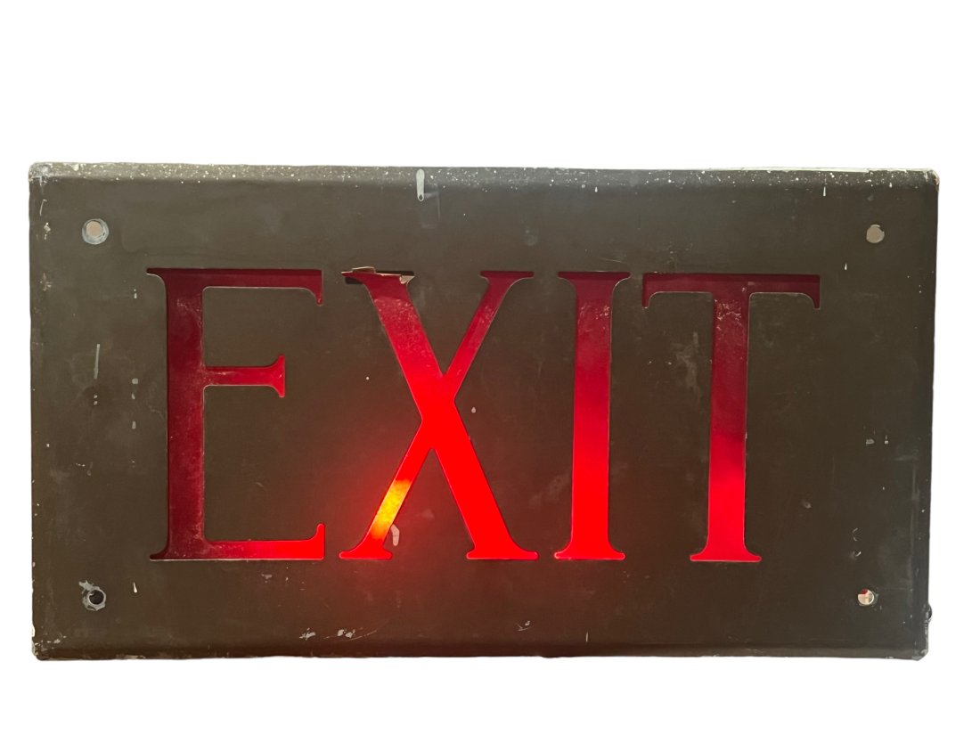 Art Deco Brass Exit Sign With Red Glass Backing Auction