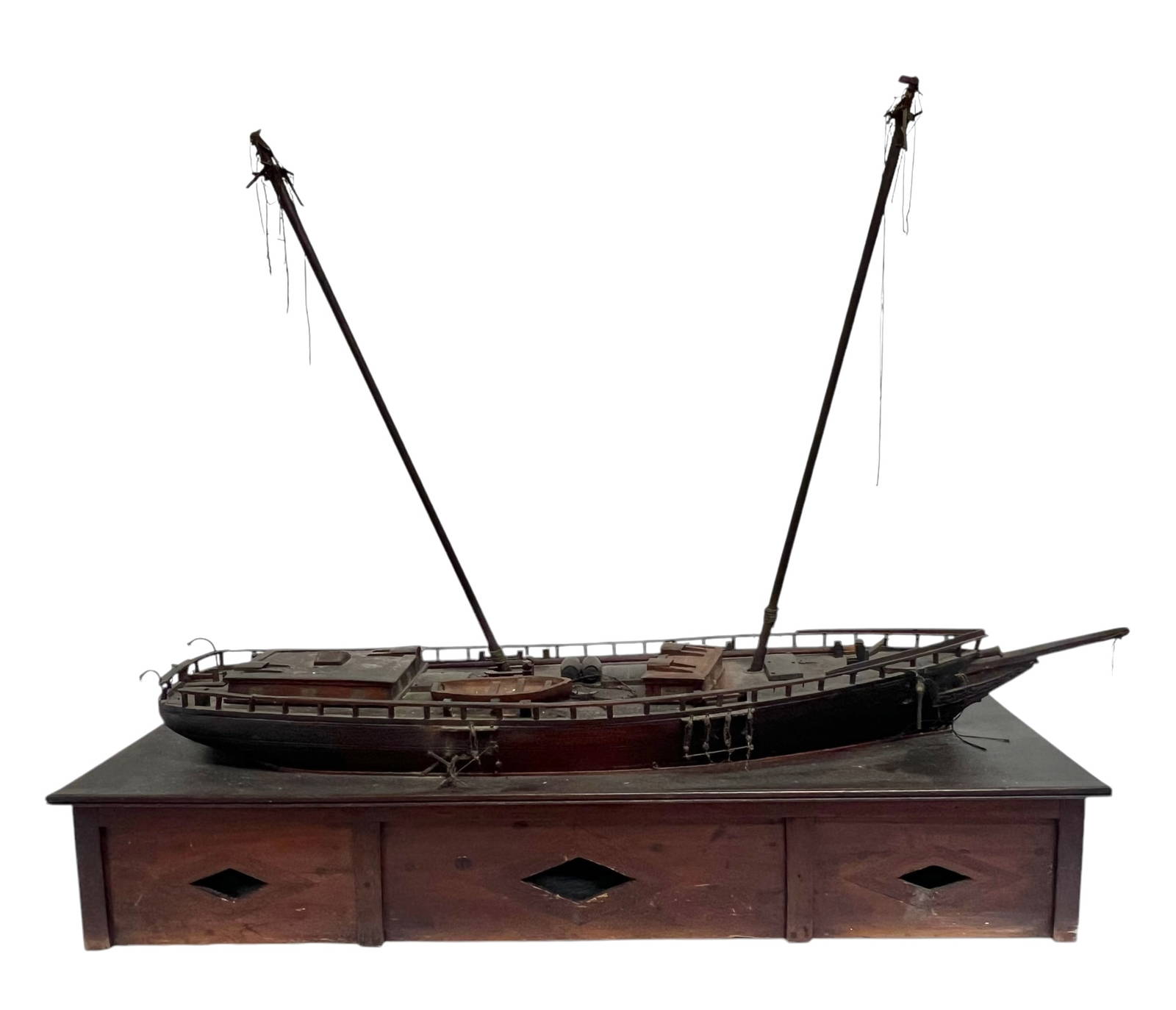 Large Antique Two Masted Ship Model On Custom Made Stand Auction