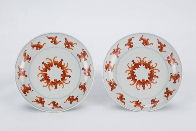 Pair Chinese Iron Red Bat Porcelain Plates