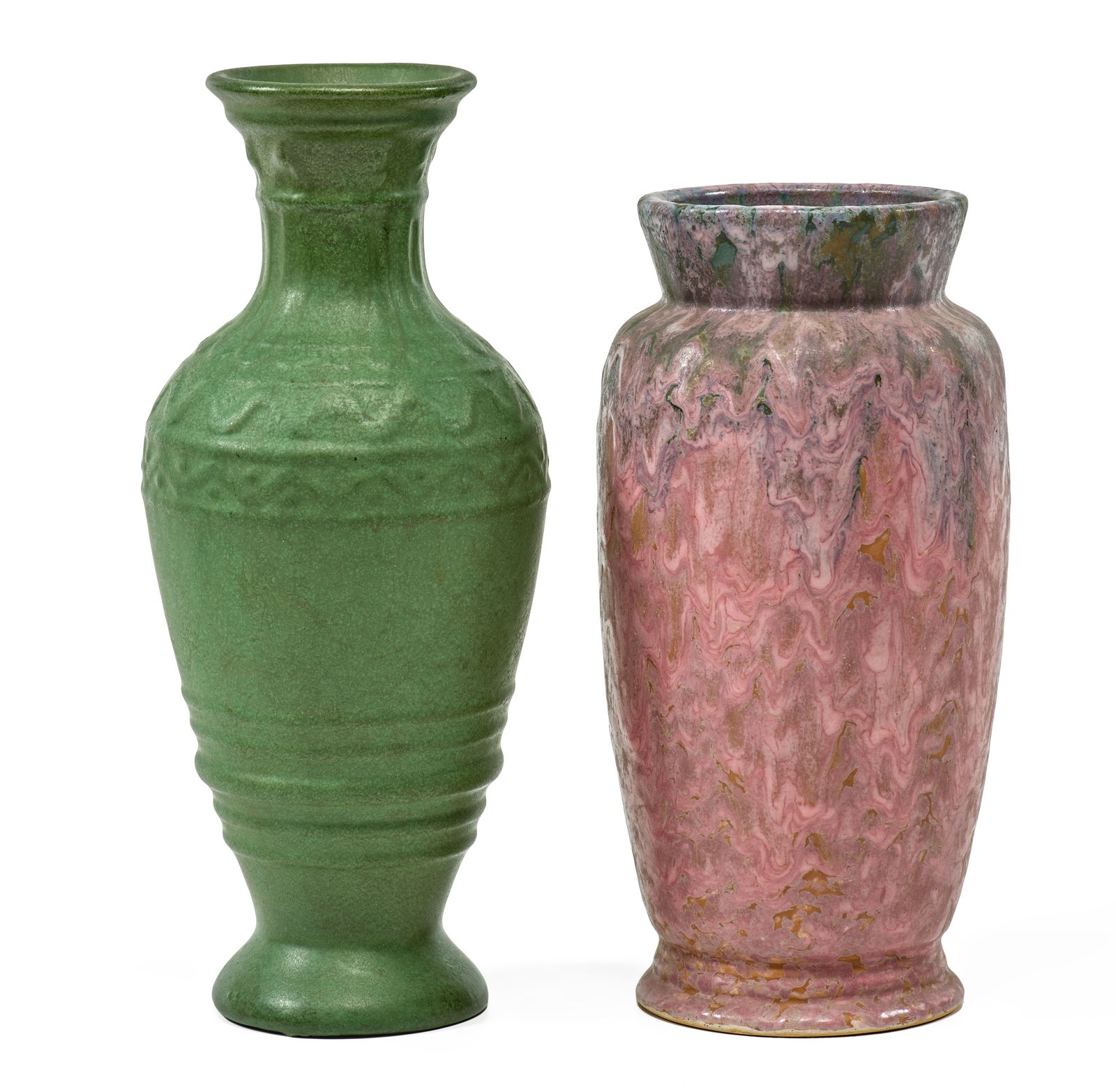 Rozane Ware Pottery Egypto Vase With A Roseville Pottery Vase