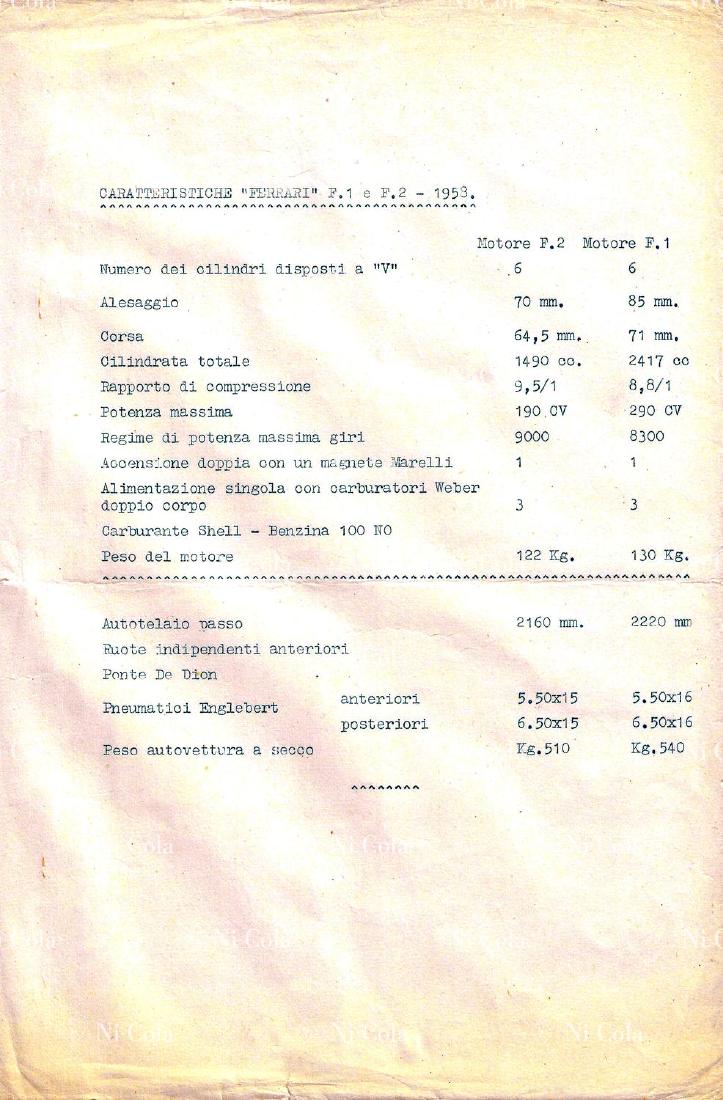 Ferrari Technical Data Sheet 'caratteristiche Ferrari