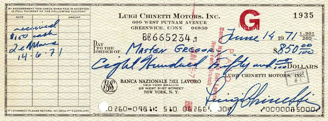 Ferrari Original Cheque To The Racing Driver Masten