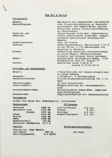 Porsche Technical Data Sheets For Type 911 S Rally