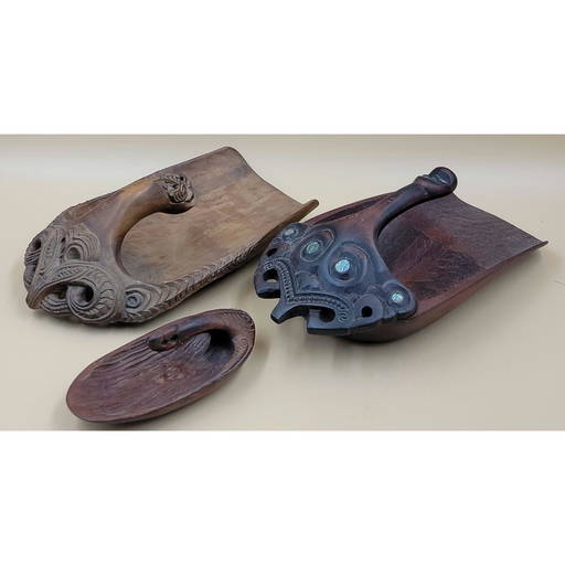 (3) Maori Carved Wood Canoe Bailers, New Zealand