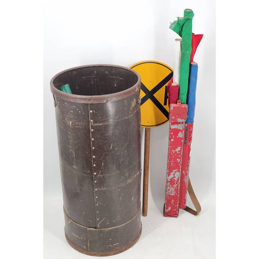 Lot of Train Signal Flags, Includes Fedco Storage Barrel & Carrying Box ...