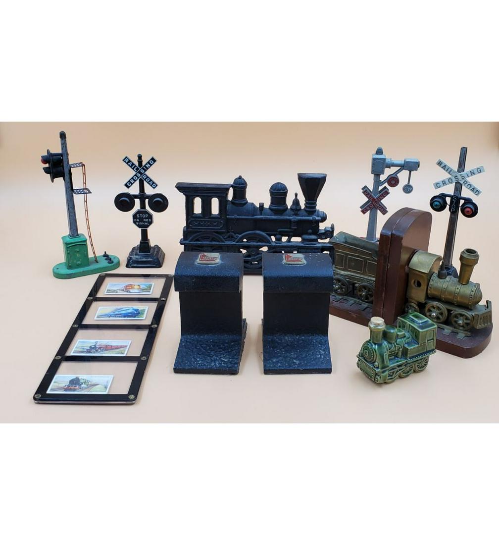 Lot of Train Memorabilia, Includes Bookends, Toy Crossings, Sculptures ...