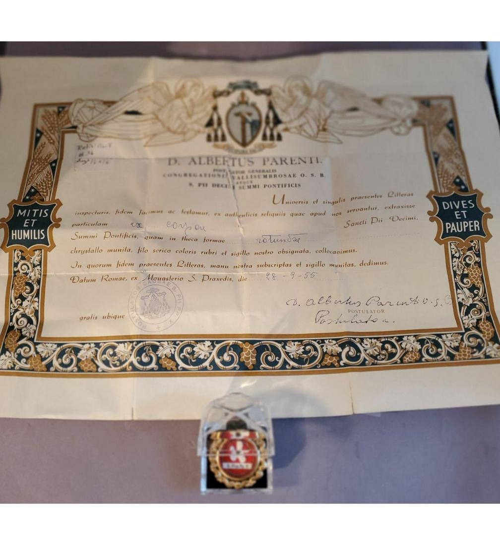 1st Class Relic With Authentication Document Of Saint Pius X. Dated ...