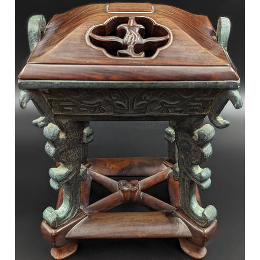 Chinese Archaic Style Bronze Rectangular Censer With A Wooden Stand And ...