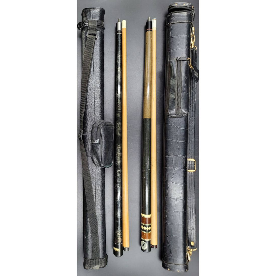 Pair Of Hand Crafted Hardwood Billiards Cues With Carry Cases Auction