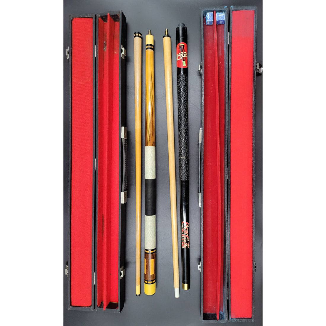 Pair Of Hand Crafted Hardwood Billiards Cues With Carry Cases Auction