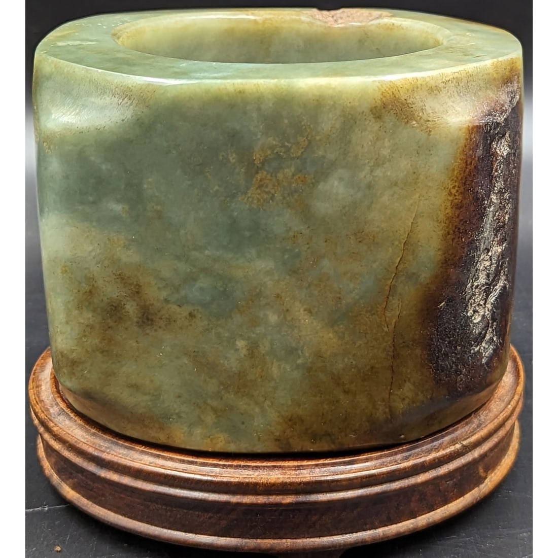 An Extra Large Neolithic Liangzhu Carved Jade Cong Ring With Wooden ...