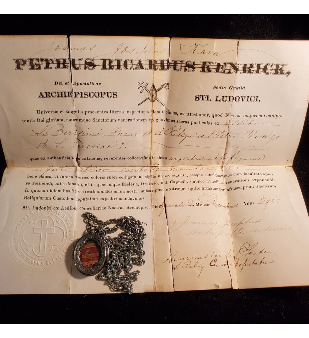 Three 1st Class Relics With Authentication Document Dated 1895 Auction