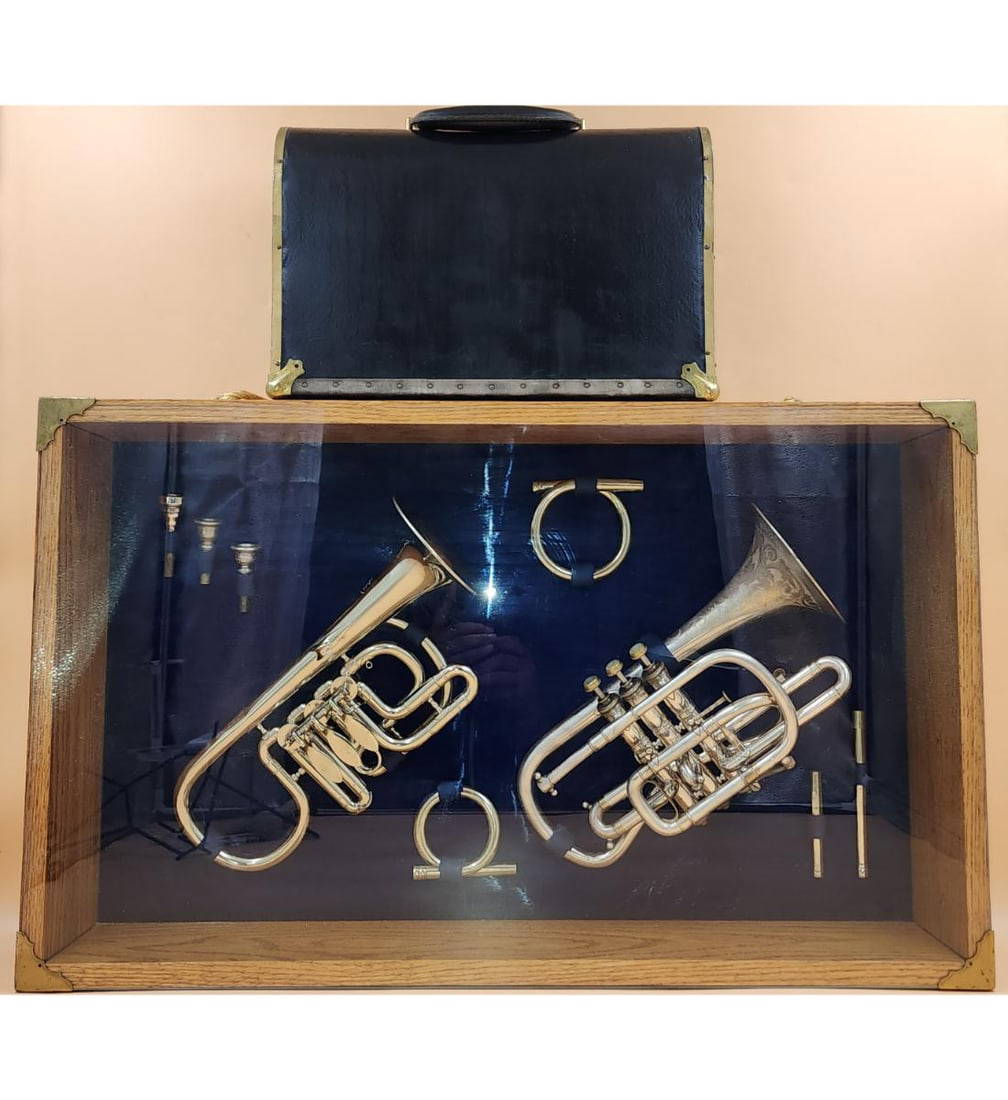 Two Fine Antique 1896 Coronet Musical Instruments Mounted In Case And A ...