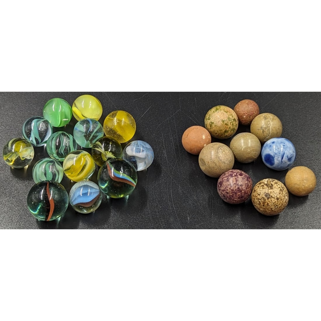 Marbles: Lot Of 2 Separate Groups, 14 Cats Eyes Marbles And 10 Assorted ...