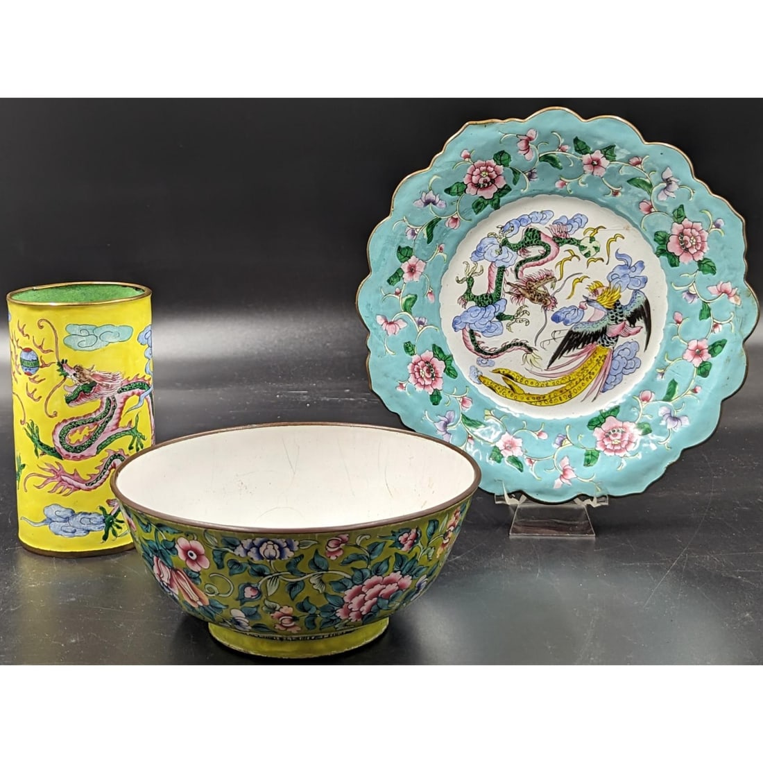 Lot Of 3 Antique Chinese Hand Painted Enamel Decorative Pieces Auction