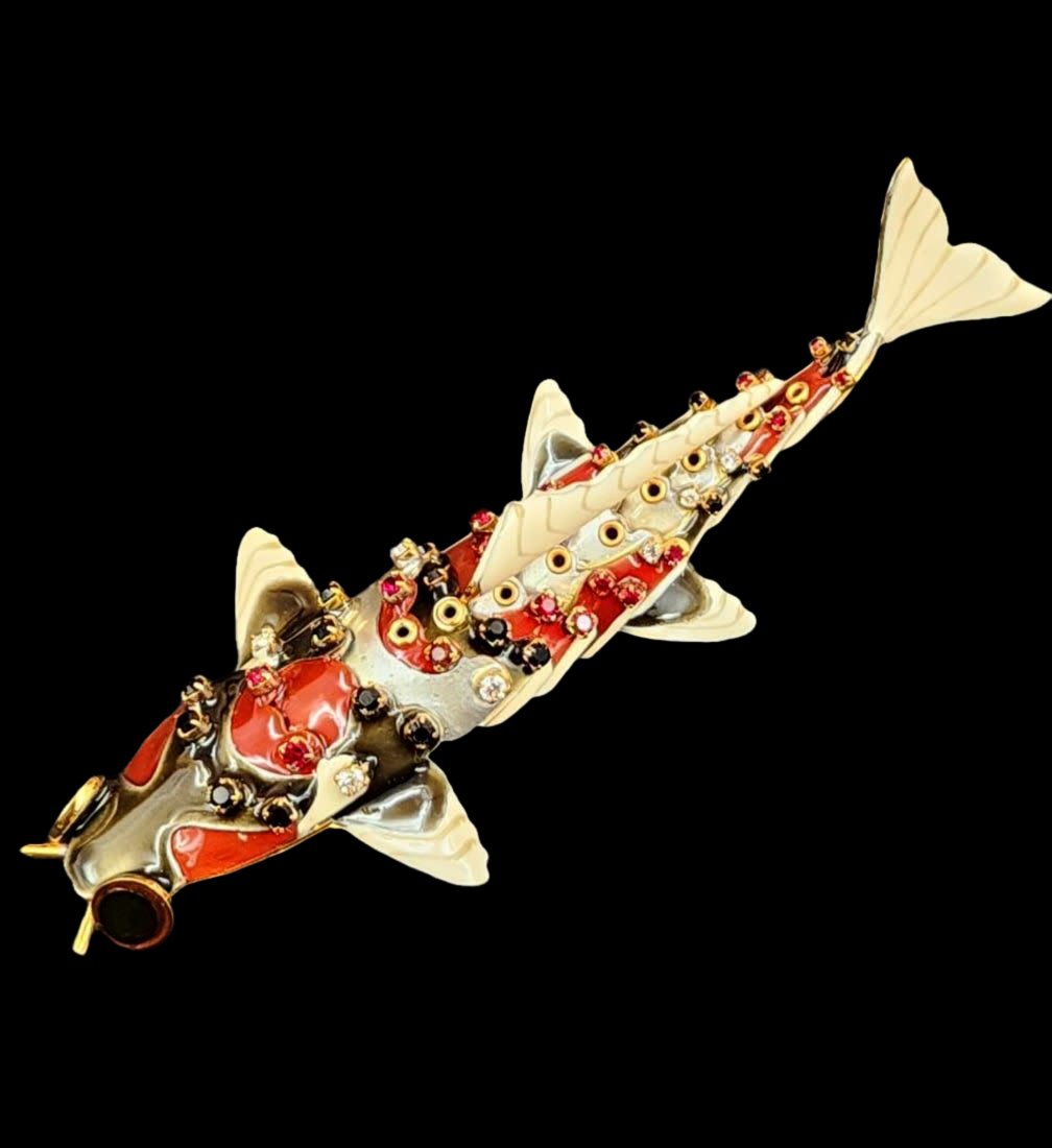 Lunch At The Ritz Large Enamel Fish Brooch / Pendant Colorful Precious ...