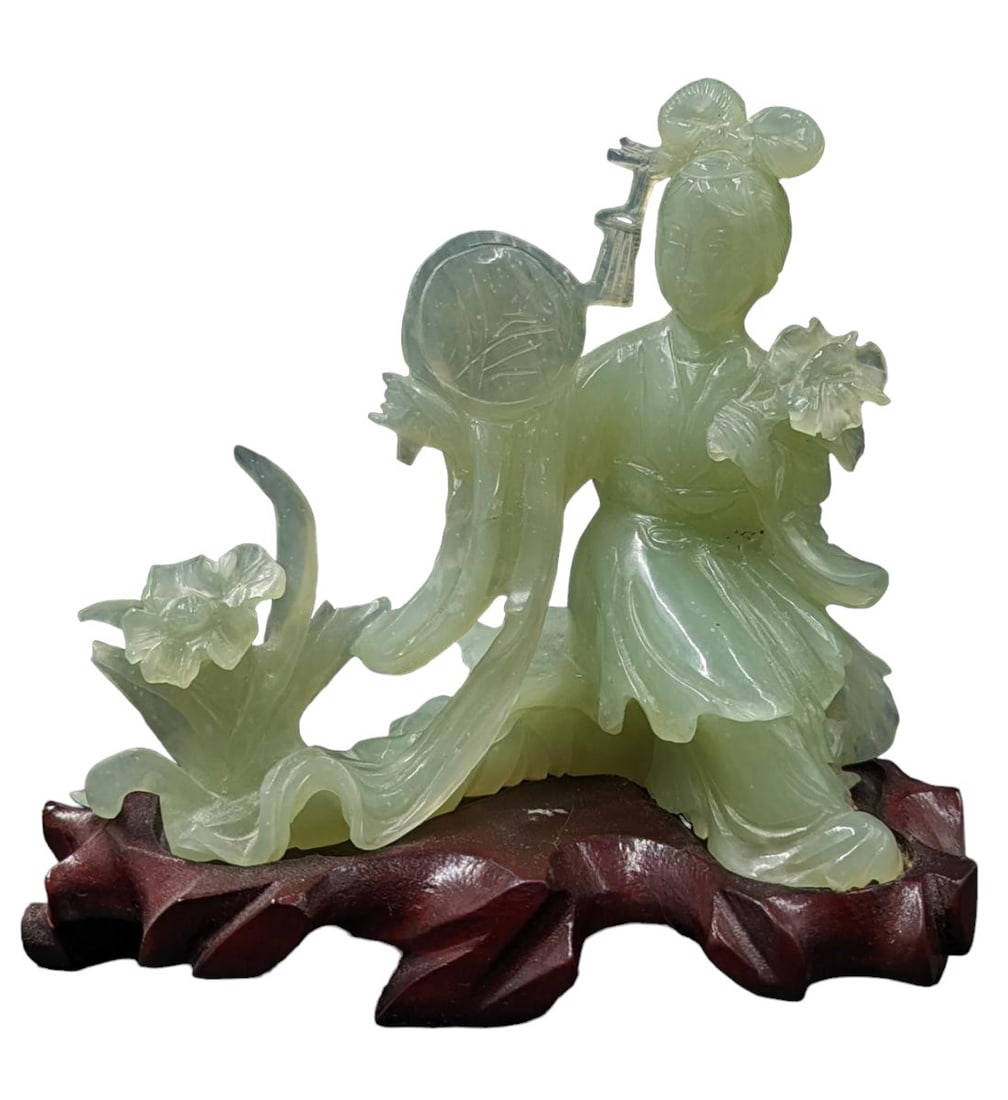 Finely Chinese Carved Jade Female Figure On A Wooden Stand, 519 Grams ...