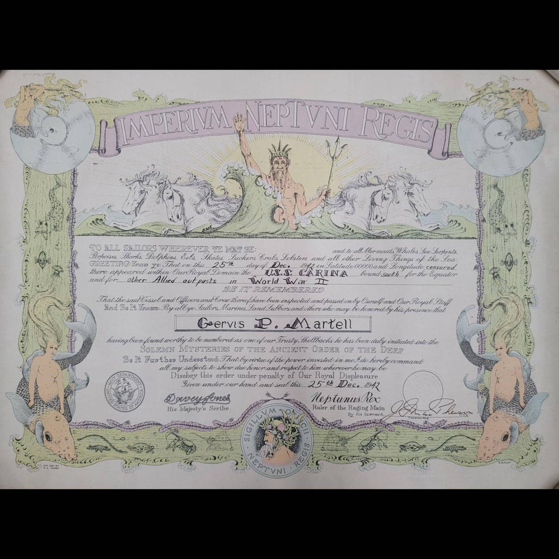 Dec. 25th 1942 Wwii U.s. Navy Shellback Ceremony Certificate Auction