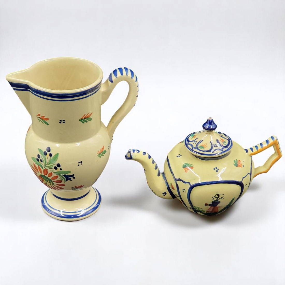 Pair Of Quimper Faience Signed "hb" Hand Painted French Pottery Teapots ...