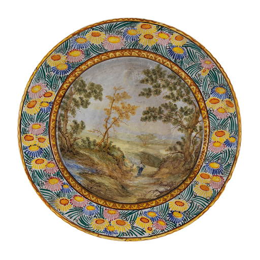 Three Large Plates In White And Polychrome Majolica, Castelli