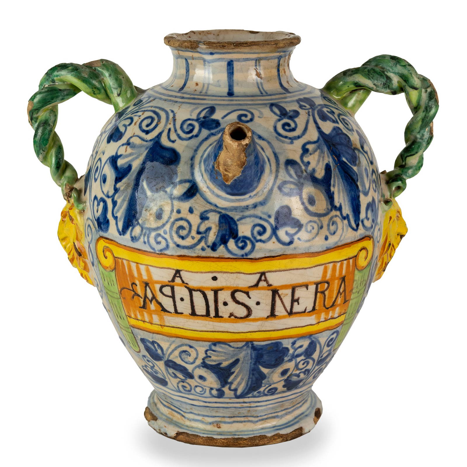 White, Blue And Polychrome Majolica Pourer, Montelupo, Early 17th ...