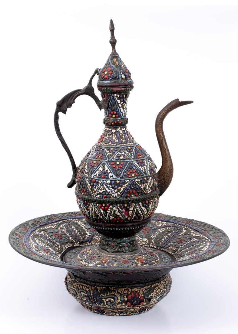 Old Colorful Syrian Bronze Aftaba With Bowl Auction