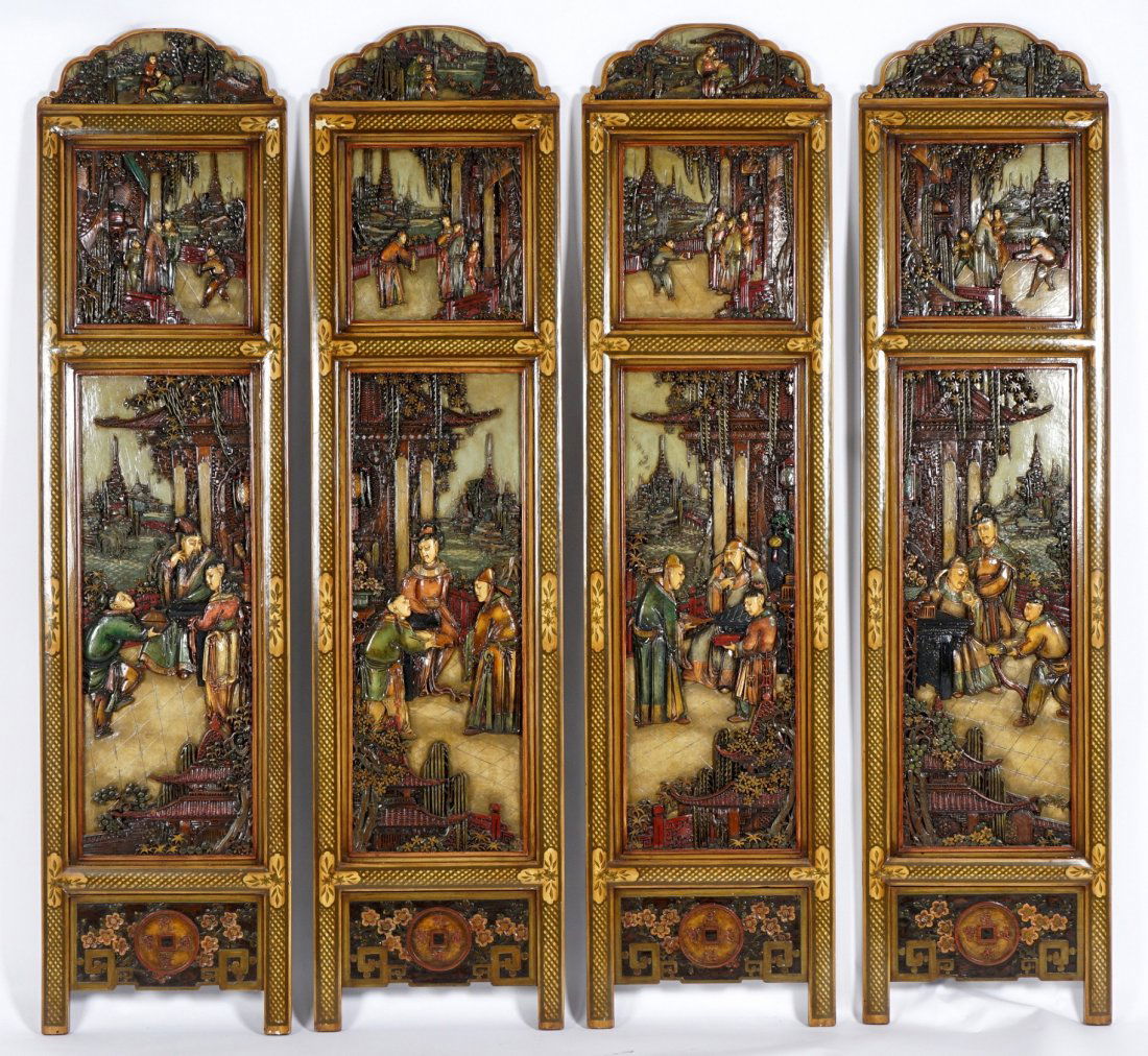 4 Carved Polychrome Chinese Panels