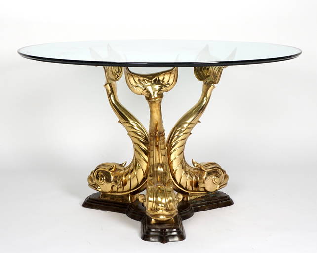 Vintage Italian Brass Three Dolphin Glass Table