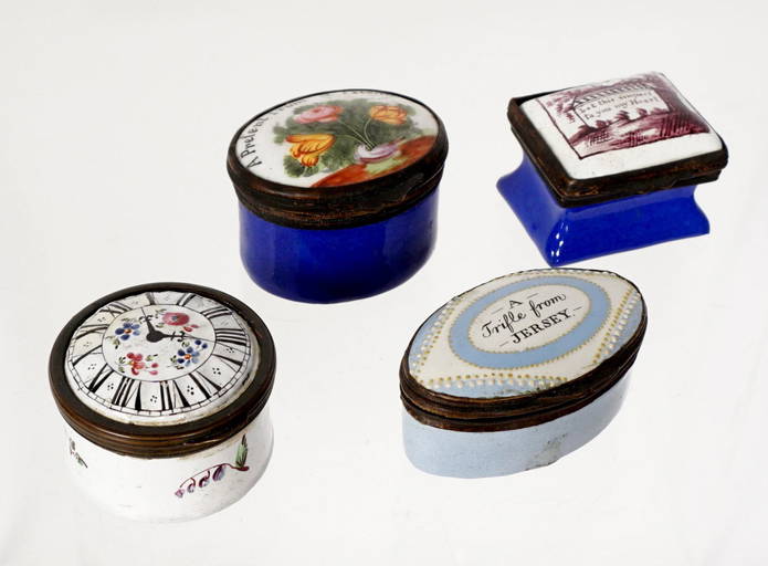 Four Antique Bilston Enamel Snuff Boxes