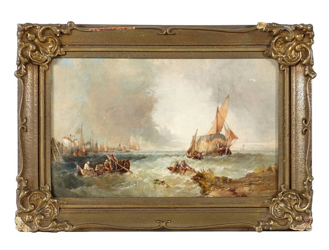 1879 Alfred Montague Rough Seas Harbor Painting Auction