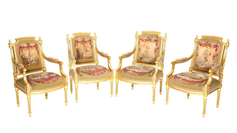 Four Louis Vxi Style Giltwood Needlepoint Fauteuil