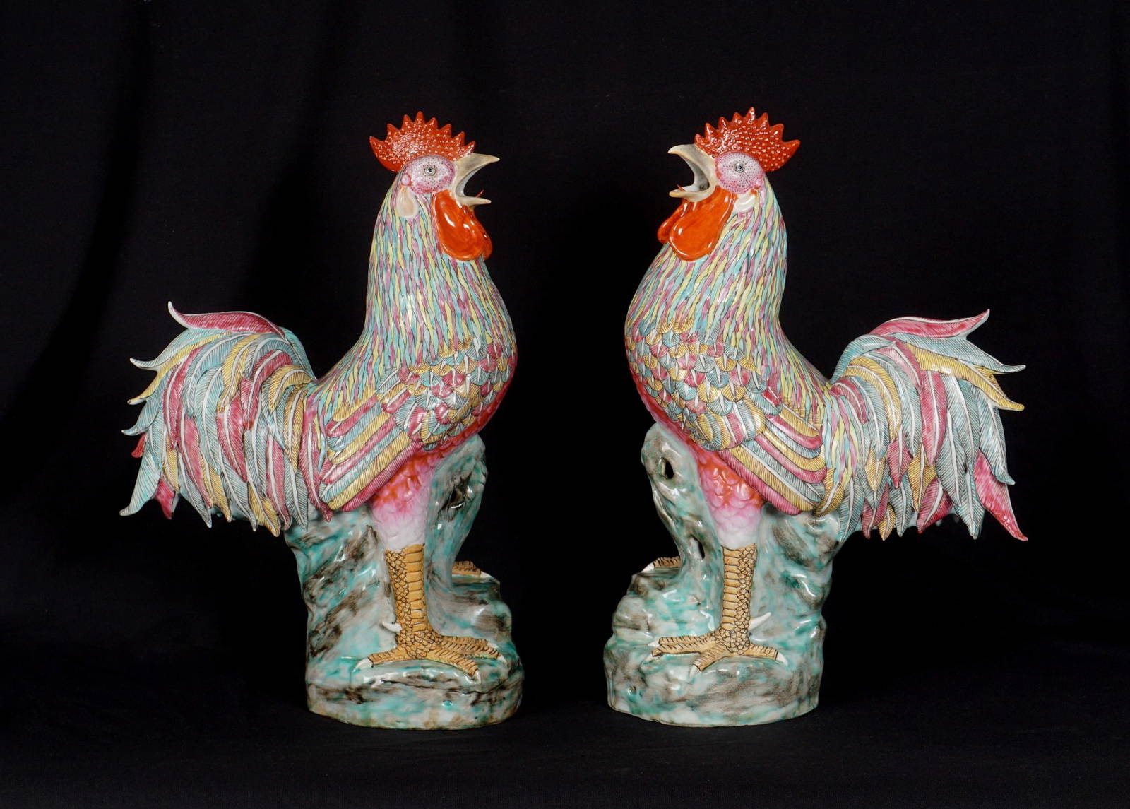 Large Pair Of Chinese Export Famille Rose Roosters Auction