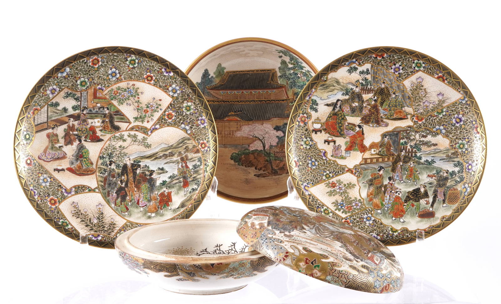 Four Piece Japanese Satsuma Plates, Bowls, Box Auction