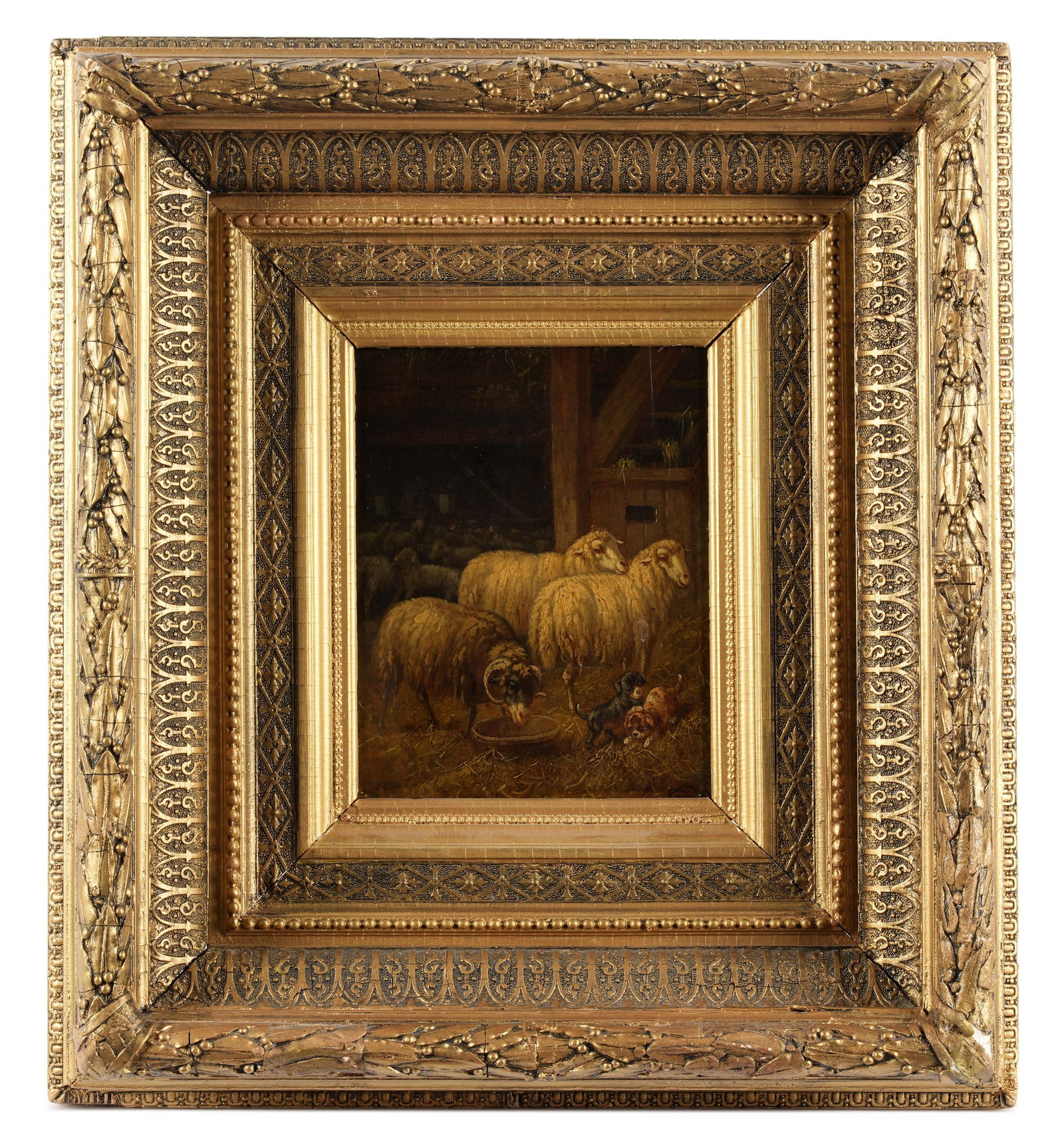 Adolf Nowey Sheep And Puppies In Barn Painting Auction