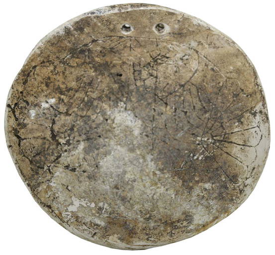 3 1/2" Shell Gorget With Turkey Engraving. Some