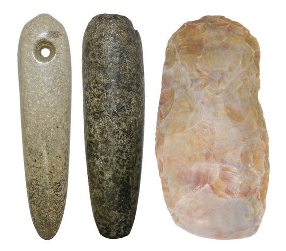 3 Stone Artifacts: Chisel (in), Drilled Pipestone
